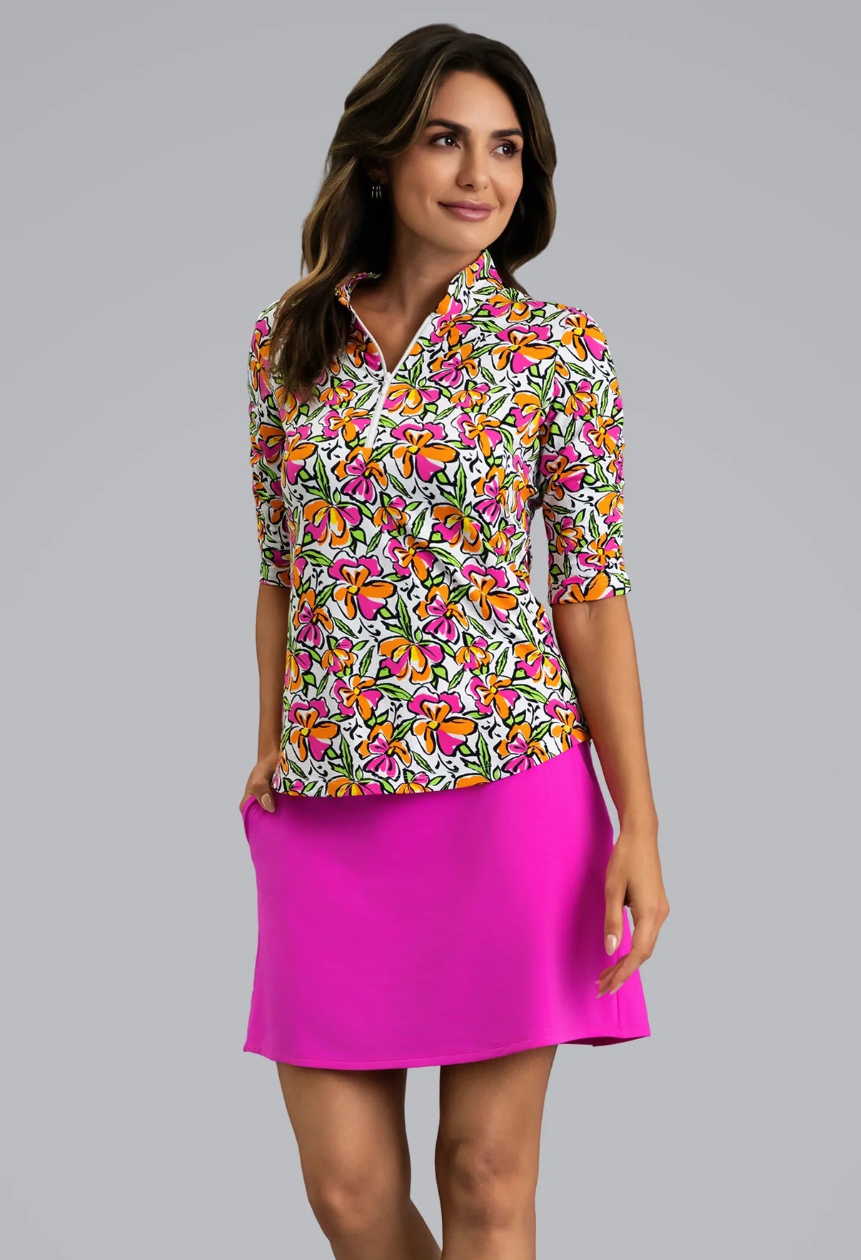 IBKUL Sonia Ruched Mandarin Collar Elbow Sleeve (Multiple Colors ...